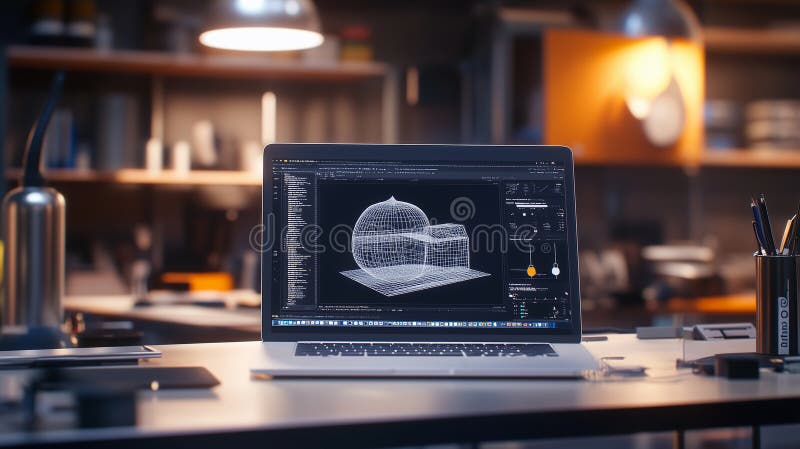 A Laptop on a Desk Displays a 3D Wireframe Model, Featuring Geometric ...