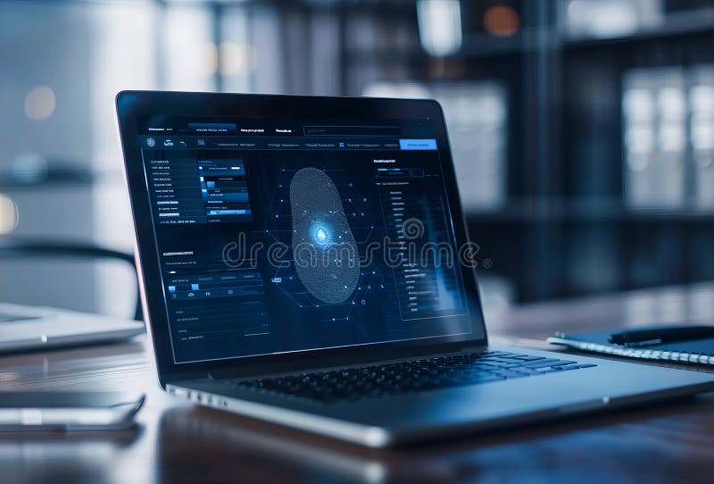 Close-Up View of a Fingerprint Security Scan on a Laptop Screen in a ...