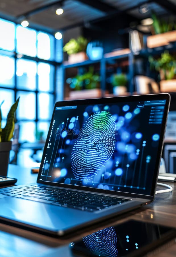 Close-Up View of a Fingerprint Security Scan on a Laptop Screen in a ...