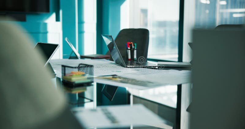 Laptop, Desk and Documents in Empty Office for Meeting, Discussion or ...