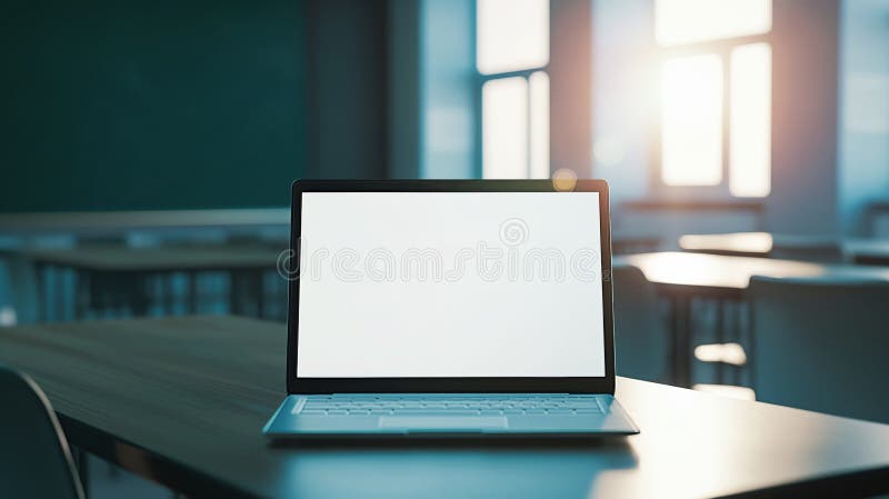 Laptop on Desk in Empty Classroom, Sunlight through Windows ...