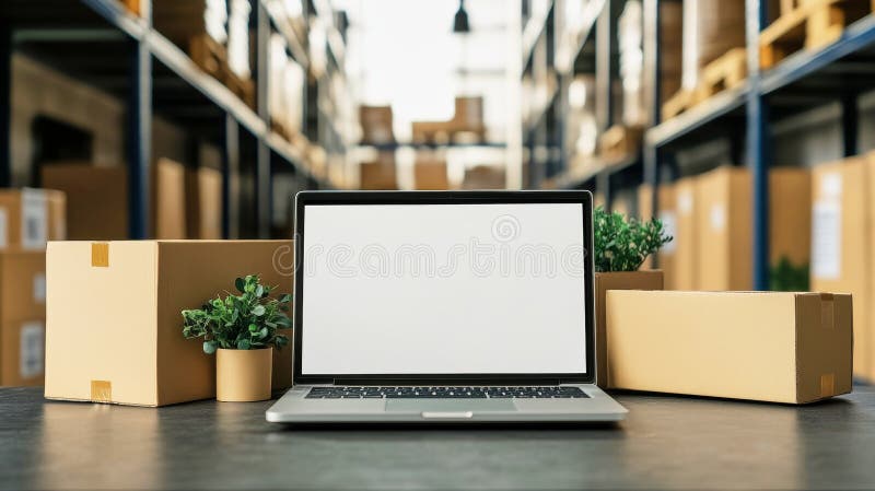 Laptop on Desk with Empty Screen Amid Cardboard Boxes in a Warehouse ...