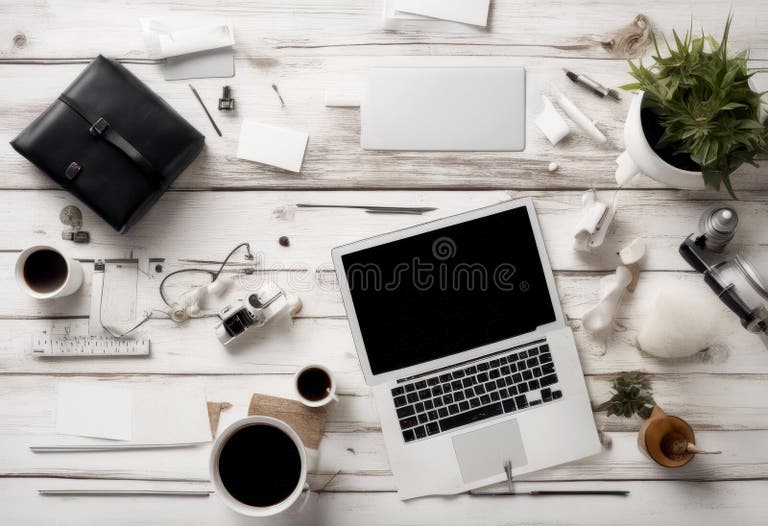 Laptop Desk Ems Related Computer Rustic View Overhead White Work Stock ...