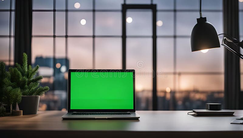 Laptop on a Desk with a Green Screen Stock Illustration - Illustration ...