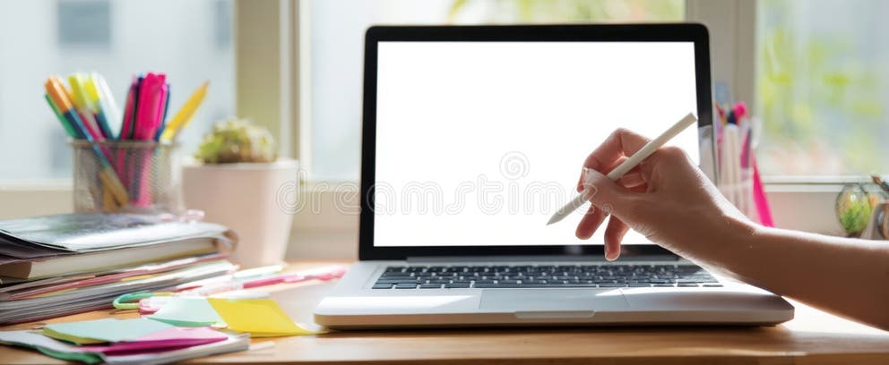 The Laptop on a Desk with a Hand Writing on the Screen AI Generated ...