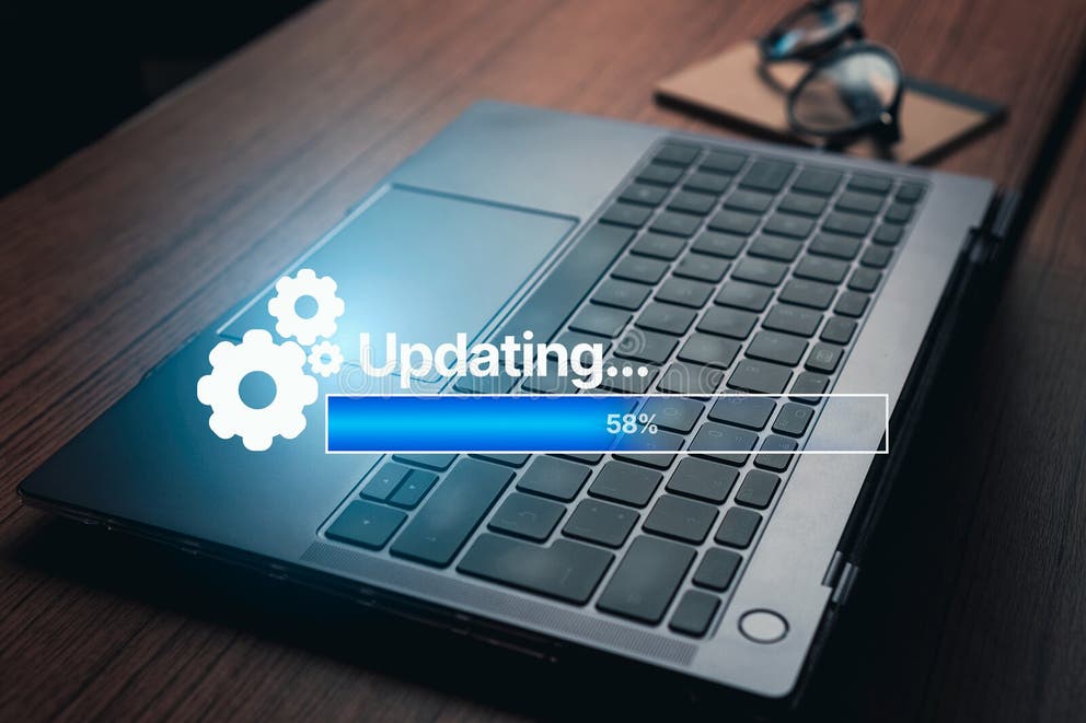 Laptop on Desk Home with Update Concept. Stock Image - Image of update ...