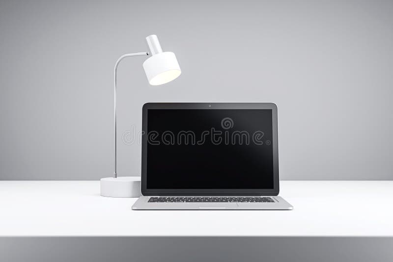 Laptop and Desk Lamp on a Modern White Desk in a Minimalist Grey Room ...