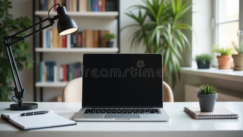 Laptop on a Desk with a Lamp, Notebook, and Plant. Home Office ...
