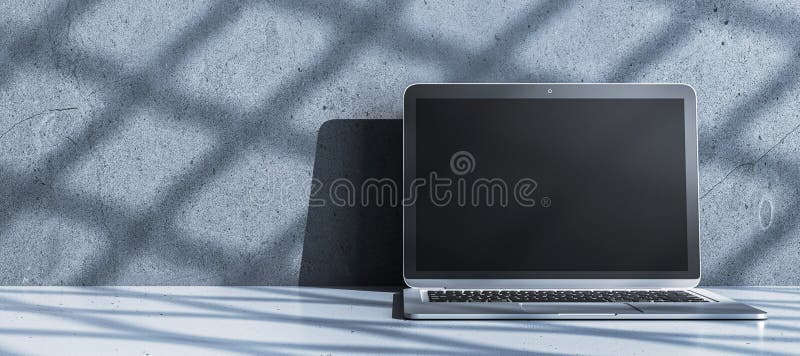 Laptop on Desk in Modern Interior with Concrete Wall and Shadow ...