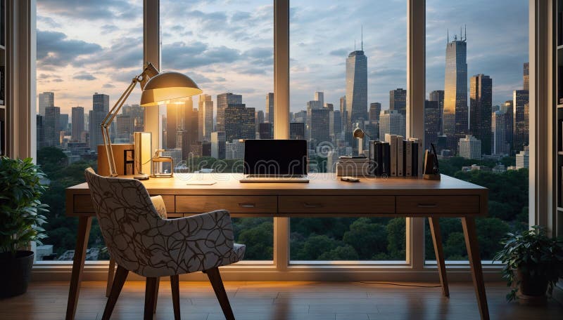 Laptop on Desk in Modern Office with Panoramic City View Stock ...