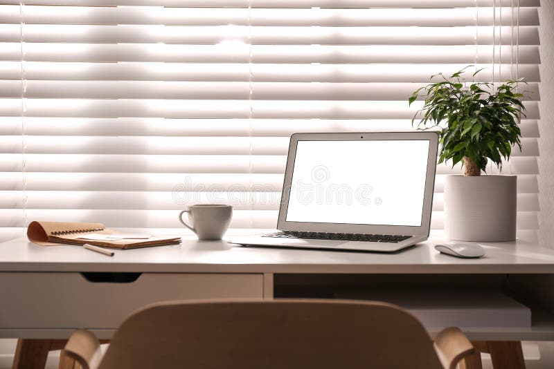 Laptop on Desk Near Window. Comfortable Workplace Stock Image - Image ...