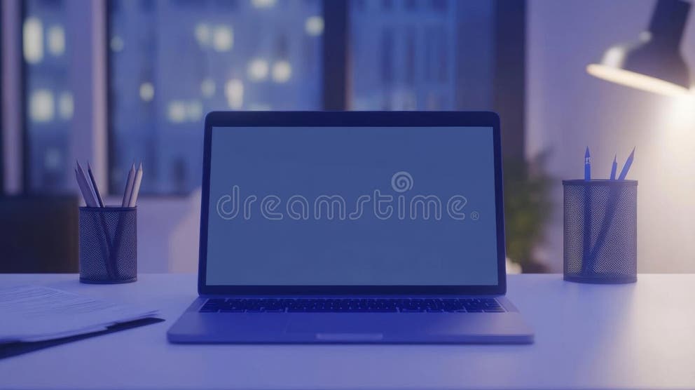 Laptop on Desk at Night for Studying and Late Night Project Work Stock ...