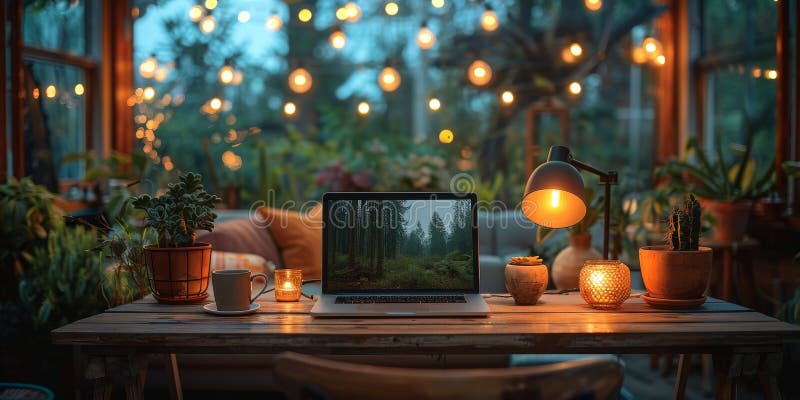 A Laptop on a Desk in a Room with a View through the Window Stock Image ...