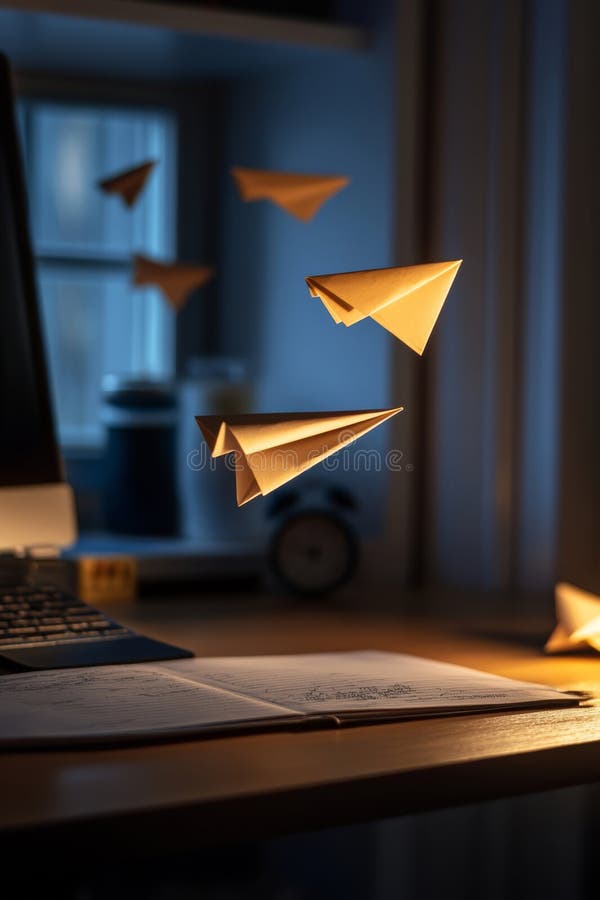A Laptop is on a Desk with a Stack of Paper Airplanes Flying Around it ...