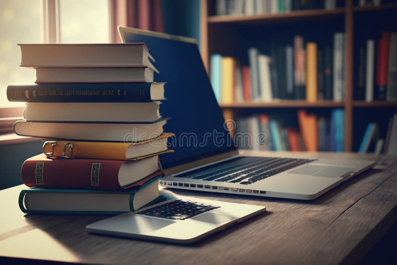 A Laptop on a Desk with a Stack of Textbooks, Concept of Education ...