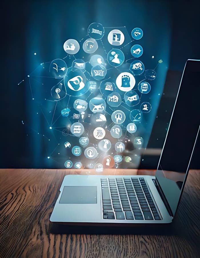 Laptop on Desk, Surrounded by Network Icons, with Notebook, Pen, and ...