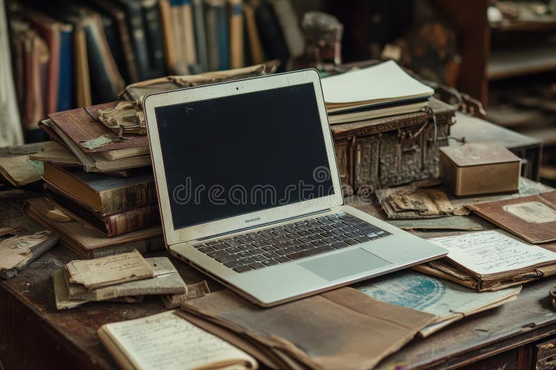 Laptop on a Desk Surrounded by Old Books and Papers Stock Illustration - Illustration of library ...