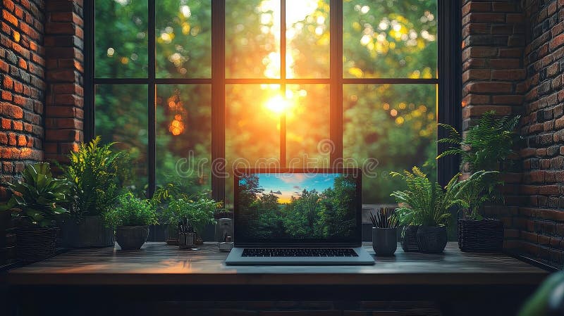 Laptop on Desk with Window View and Plants, Work from Home Setup, Sun ...
