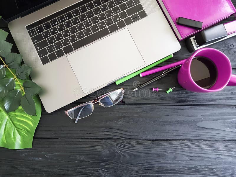 Laptop Desktop Designer Top View Notebook Working Pink Stock Image ...