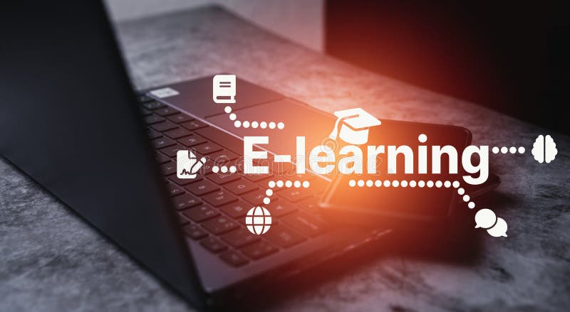 Laptop on Desktop with E-learning Futuristic Interface. Stock Photo ...