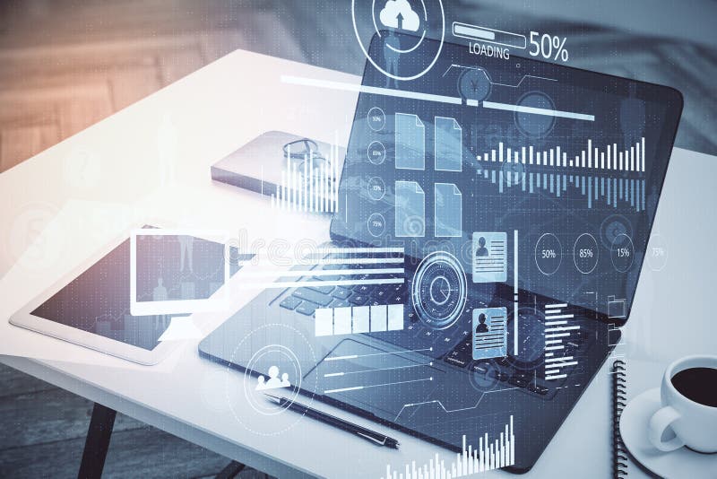 Laptop on Desktop with Stock Chart Interface Stock Image - Image of ...