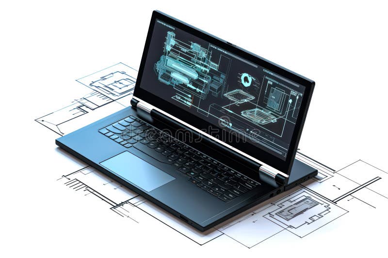 Laptop with Developments and Drawings on a White Background. Stock ...