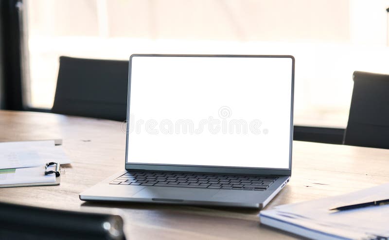 Laptop Mock Up on Office Board Room Table, White Mockup Computer Screen ...