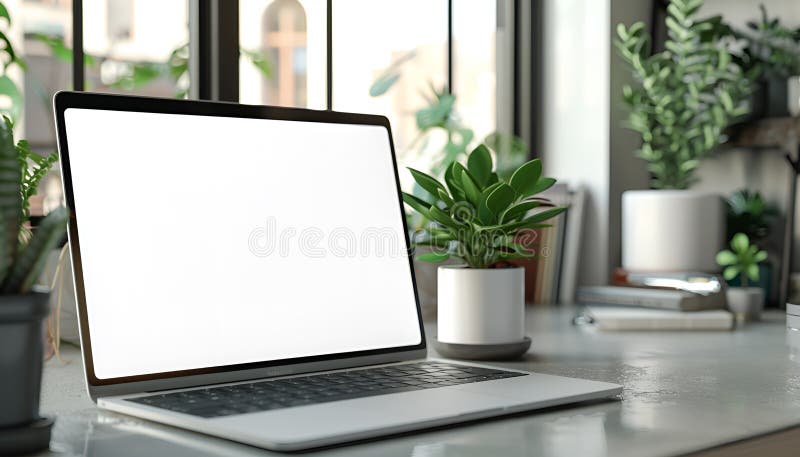 Laptop Device Mock Up Template Design on Office Workplace Desk, White ...