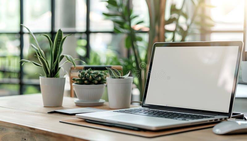 Laptop Device Mock Up Template Design on Office Workplace Desk, White ...