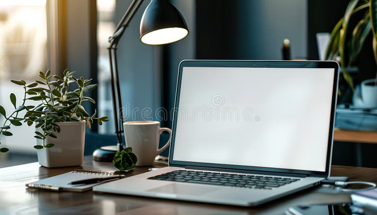 Laptop Device Mock Up Template Design on Office Workplace Desk, White ...