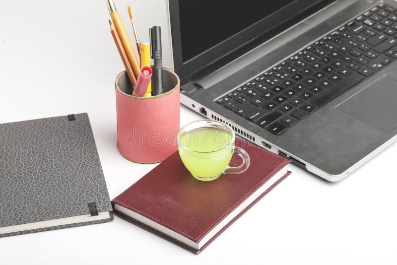 Laptop and Diary with Cup of Green Tea. Work from Home Concept Stock ...