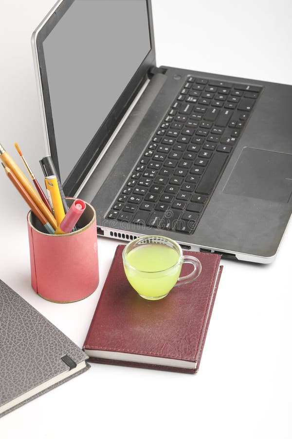 Laptop and Diary with Cup of Green Tea. Work from Home Concept Stock ...