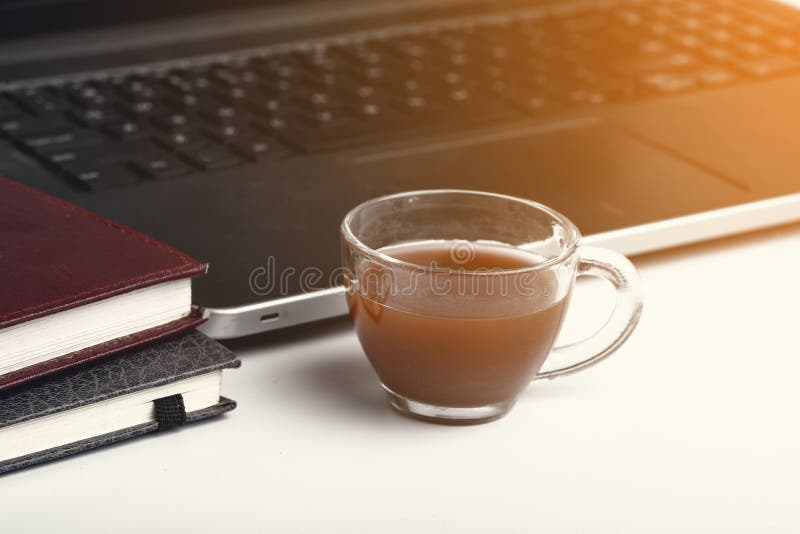 Laptop and Diary with Cup of Tea. Work from Home Concept Stock Photo ...