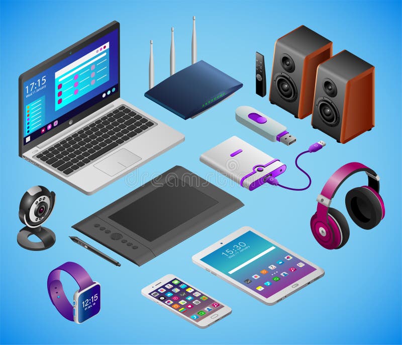 Laptop and Digital Gadgets in Isometry on Blue Background Stock Vector ...