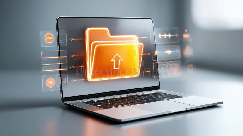 Laptop with a Digital Upload Folder on Its Screen, Indicating Data ...