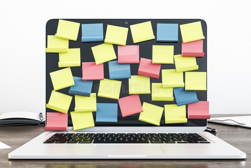 Laptop Display with Empty Colored Sticker Notes on Brown Office Table ...