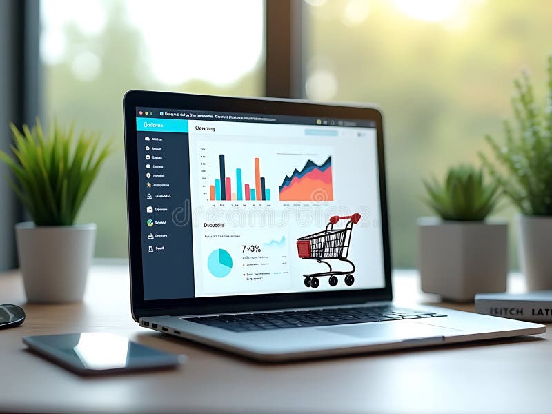 Laptop Display Showing Business Data and Shopping Cart Stock ...