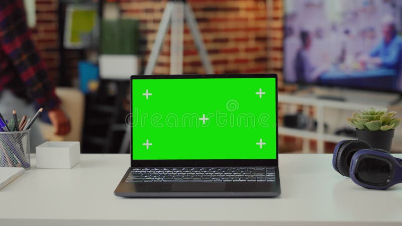 Laptop Display with Green Screen Template on Office Desk Stock Footage ...