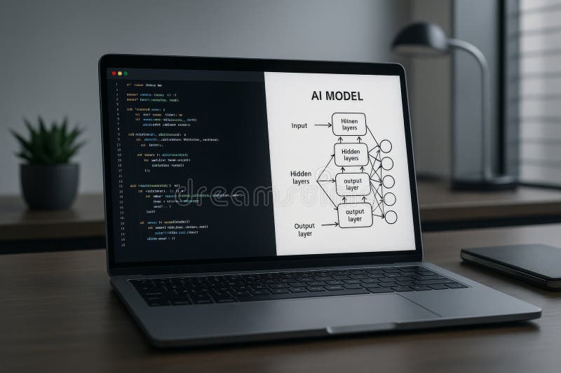Laptop Displaying AI Model Diagram and Code Stock Image - Image of ...
