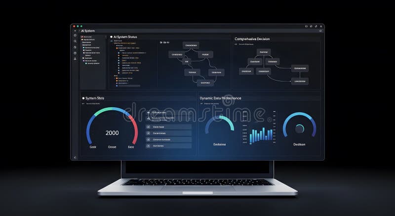 Laptop Displaying AI System Status Dashboard with Comprehensive ...