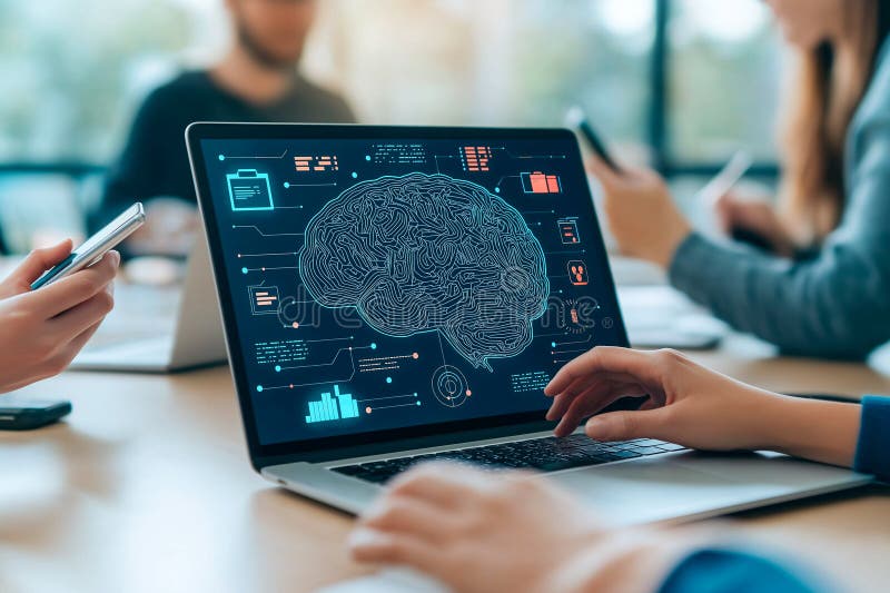 Laptop Displaying Artificial Intelligence Concepts with Digital Brain Graphic is Used in ...