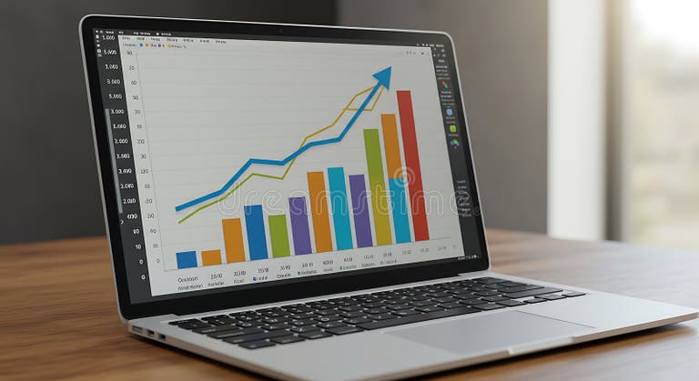 Laptop Displaying a Bar Chart and Line Graph on Its Screen. the Bar Chart Feature Stock ...