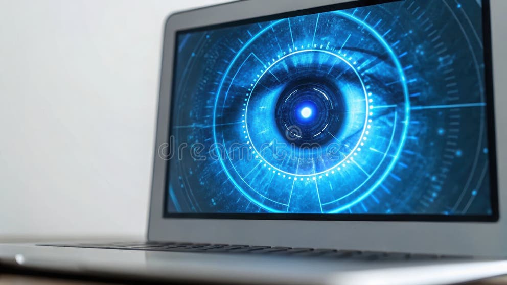 Laptop Displaying a Blue Eye for Secure Digital Authentication Using ...