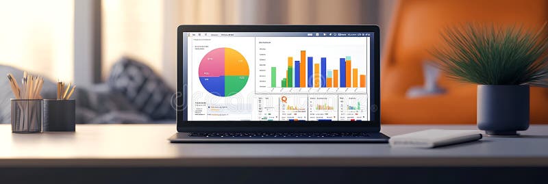 Laptop Displaying Charts and Graphs on a Desk with Office and Home ...
