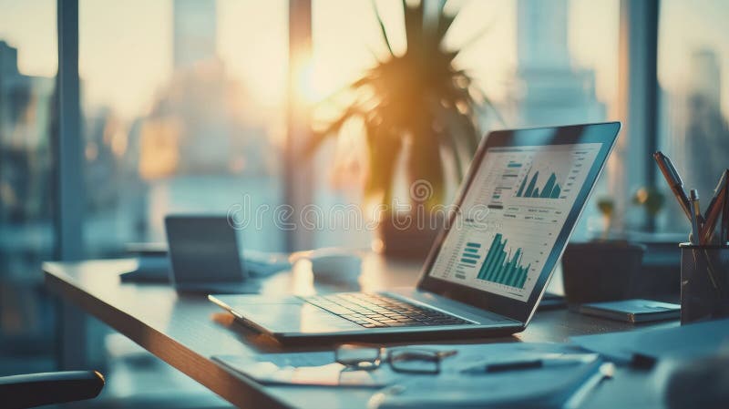 Laptop Displaying Charts Sunlit Office Plants Stock Photos - Free ...