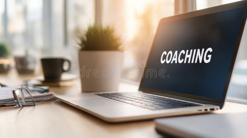 Laptop Displaying Coaching on Screen in a Cozy Home Office Environment, Suggesting Online ...