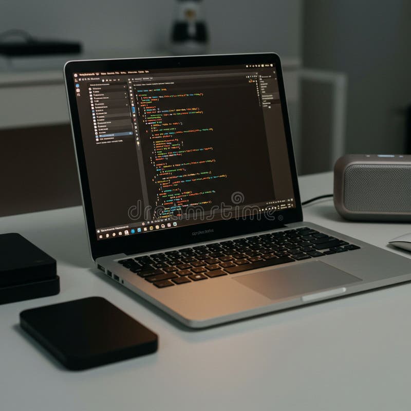 A Laptop Displaying Code in a Dark-themed Text Editor, Set upon a Light-colored Desk. Stock ...