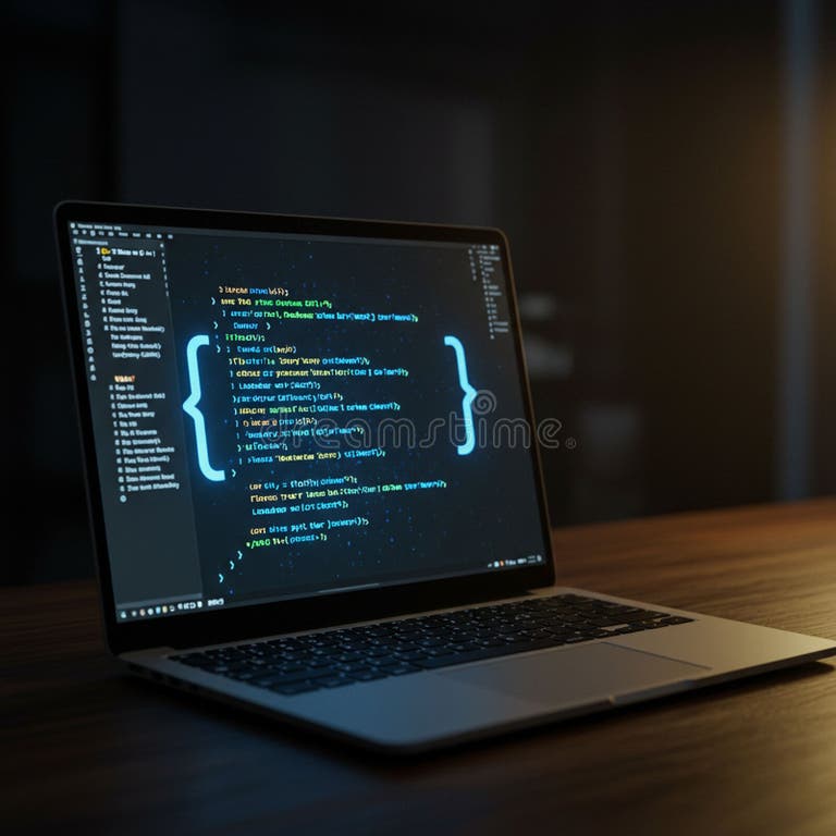 Laptop Displaying a Code Editor with Colorful Syntax Highlighting on Its Screen, Placed Stock ...