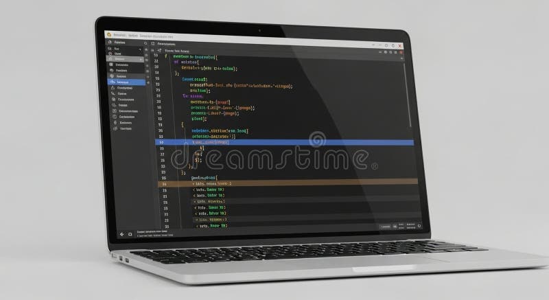 Laptop Displaying a Code Editor with a Dark Theme, Highlighting Colorful Syntax. the Stock ...