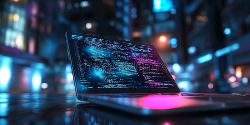 Laptop Displaying Code in Neon City Background, Representing Software ...